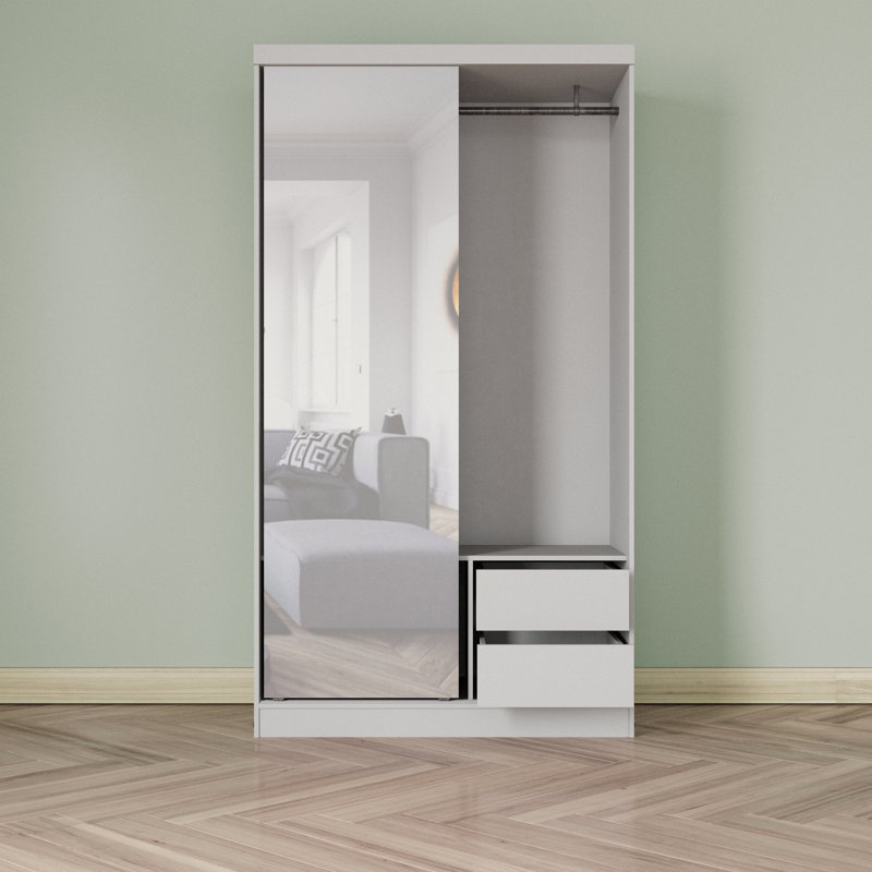 Taneah Sliding Doors Full Body Mirror Wardrobe with Drawers Ebern Designs Color Tobacco